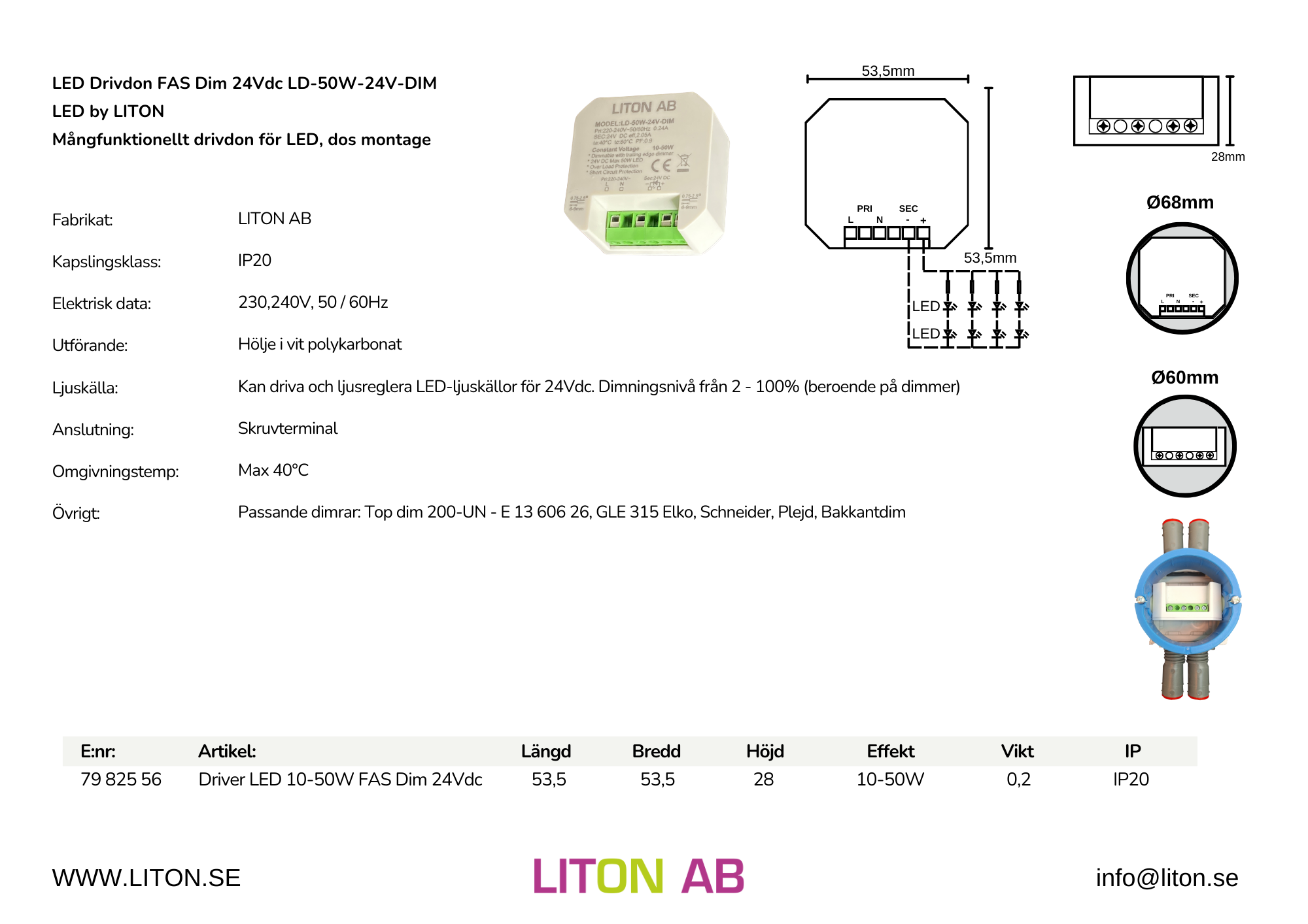 Liton Drivdon 24V 10-50W Dim | Elbutik